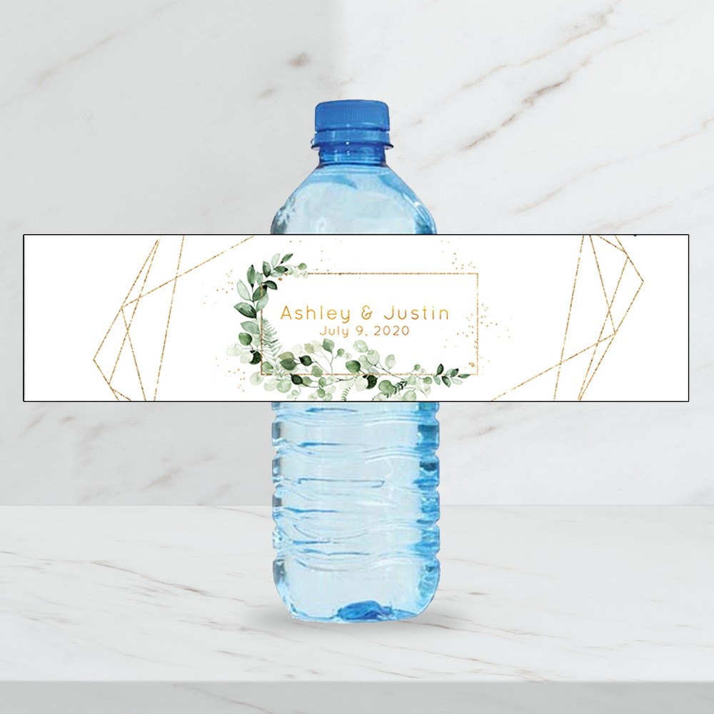 Custom Name&Date Modern Greenery Wedding Water Bottle Label, Set of ...
