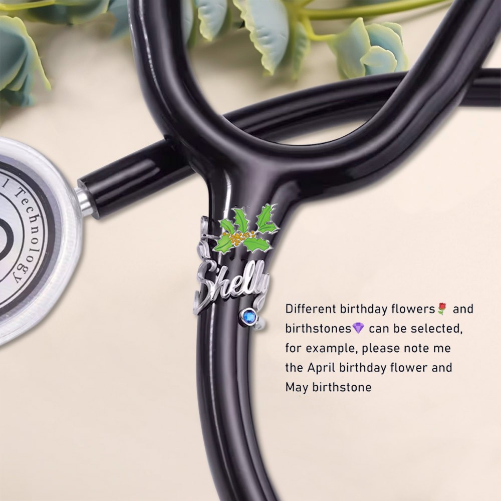 Étiquette de nom de stéthoscope personnalisée avec fleur de naissance ...