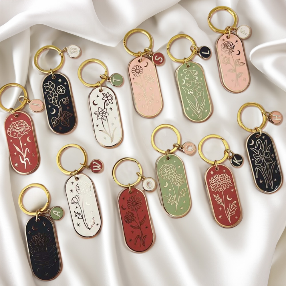 Personalized Birth Flower Keychain, Minimal Botanical Enamel Flower ...