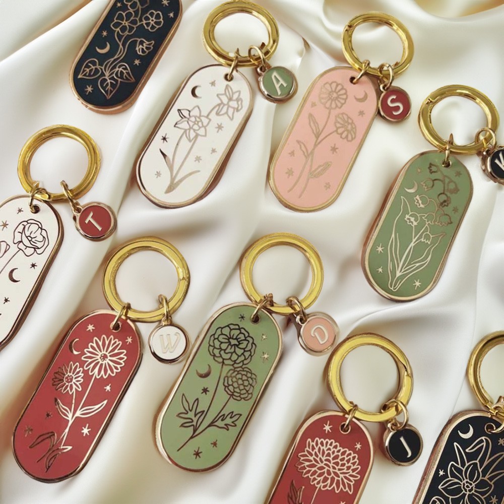 Personalized Birth Flower Keychain, Minimal Botanical Enamel Flower ...