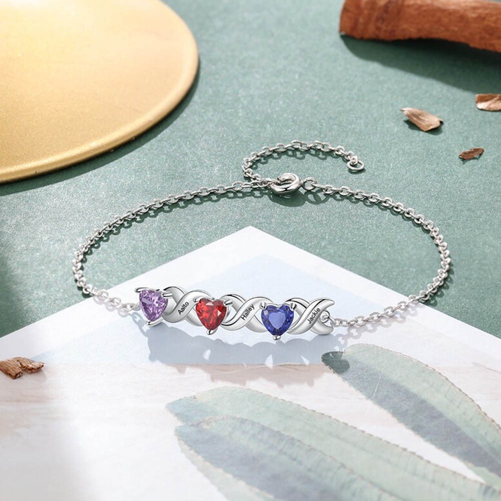 Custom 2-7 Heart Birthstones Bracelet with Name, Family Birthstone ...