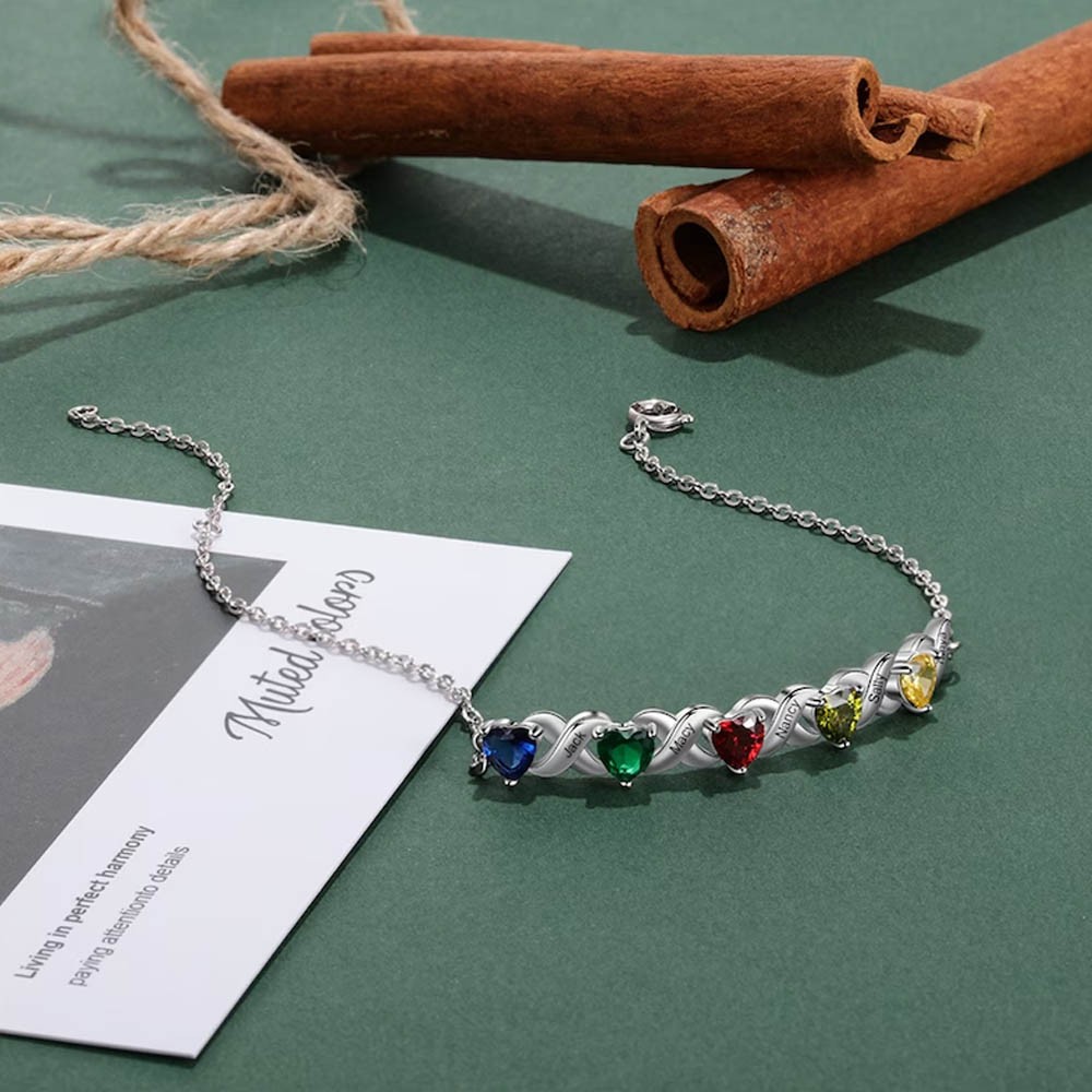 Custom 2-7 Heart Birthstones Bracelet with Name, Family Birthstone ...