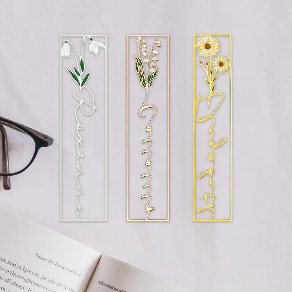 Custom Birth Flower Name Bookmark, Colorful Birthday Flower Stainless ...