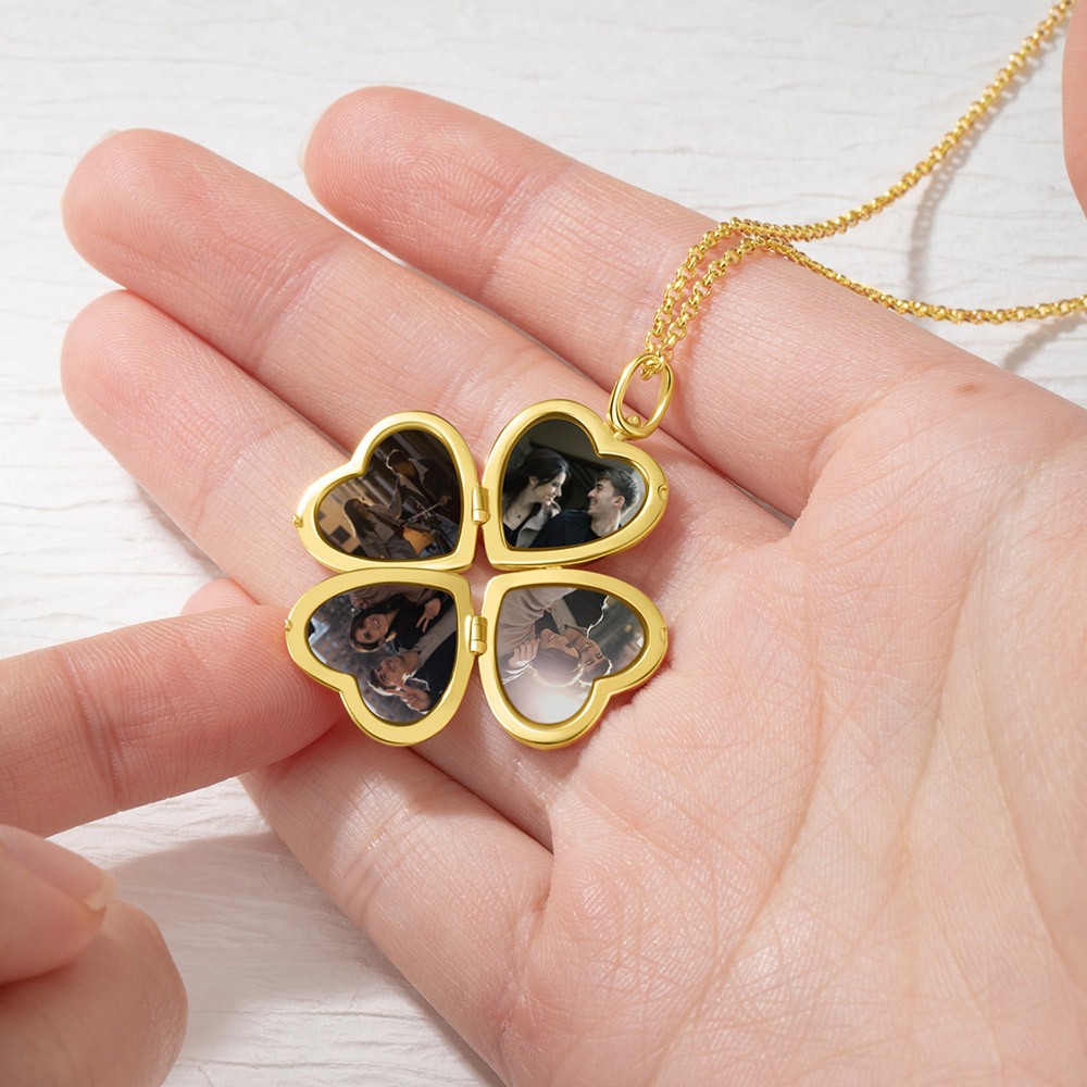 Custom Four Leaf Clover Love Heart Pendant Photo Locket Necklace 4 Custom Four Leaf Clover Love Heart Pendant Photo Locket Necklace 4