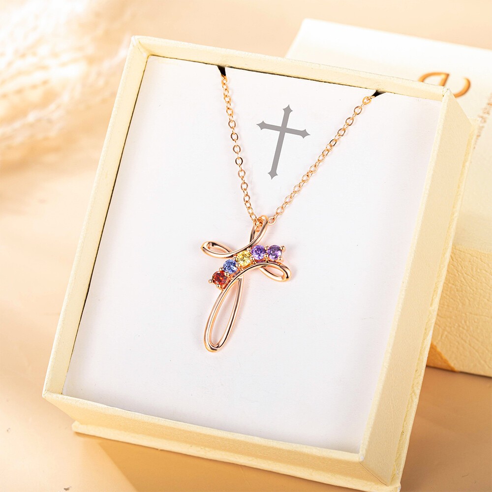 Custom Family Birthstone Cross Pendant Necklace, Personalized Sterling ...
