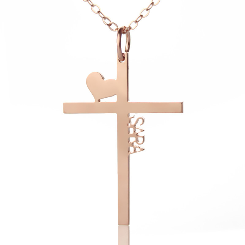 Personalized Rose Gold Plated Silver Cross Name Necklace with Heart ...