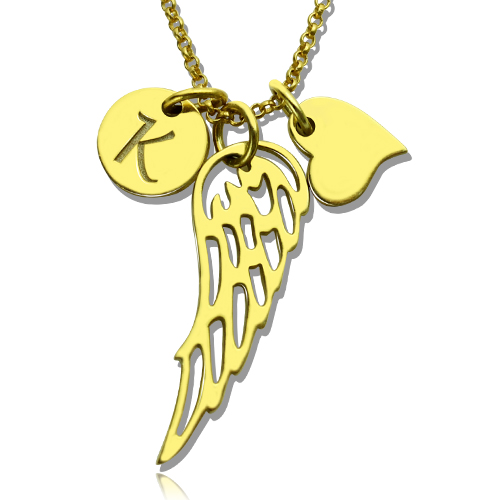 Good Luck Angel Wing Necklace with Initial Charm 18k Gold