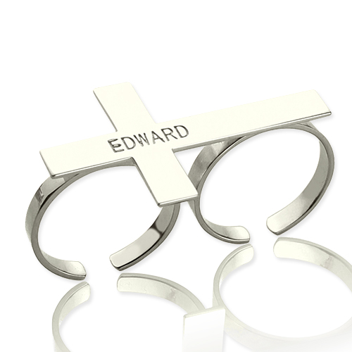 Two-finger Cross Ring Engraved Custom Name Sterling Silver ...