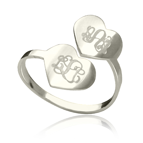Custom Made Two Hearts Monogram Initial Ring Silver - GetNameNecklace