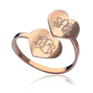 Monogram Ring Engraved Initials On Two Heart Rose Gold Silver ...