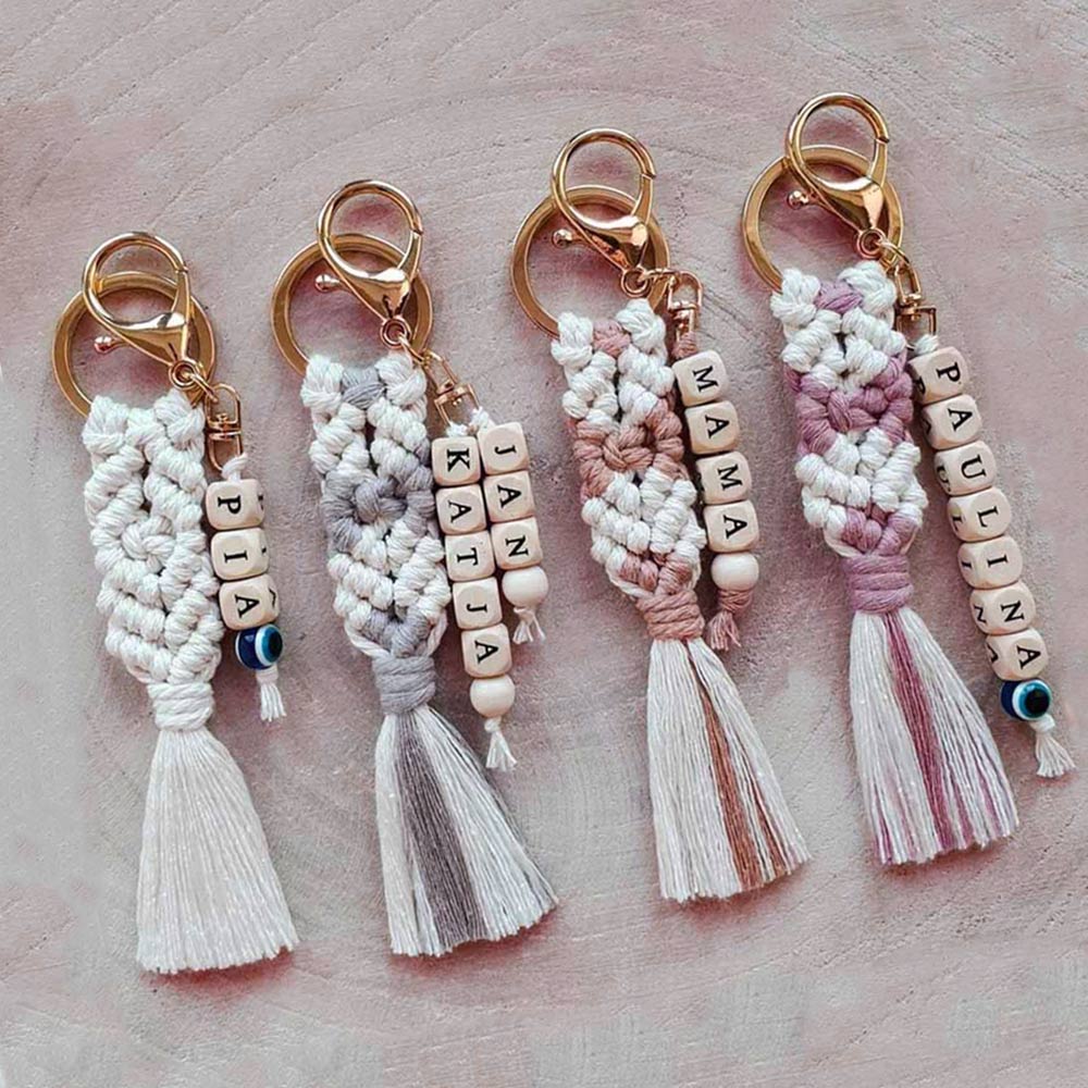 Personalized Macrame Keychain with Names, Handmade Beaded Charm with ...