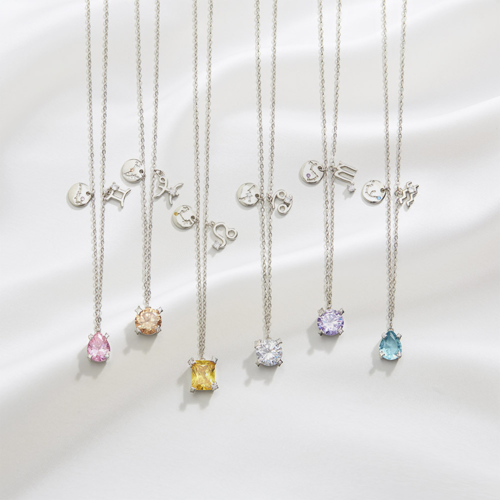 Zodiac Sign Birthstone Pendant Necklace, Sterling Silver 925 Astrology ...