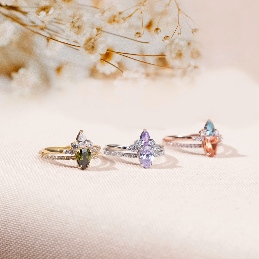 Customized Birthstone Set Ring, Two Rings a Set, Drop Stone Ring ...