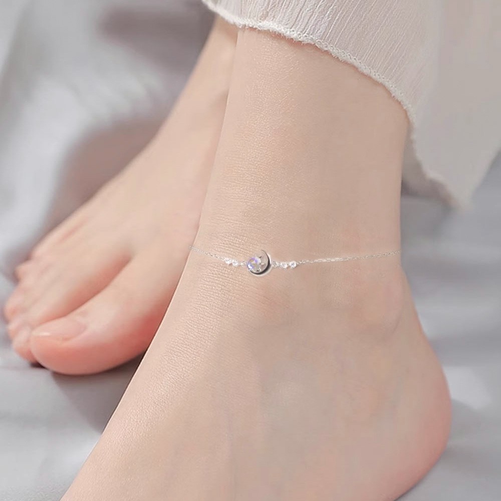 Moon&Star Anklet with Gem, Sterling Silver 925 Dainty Feet Foot Chain ...