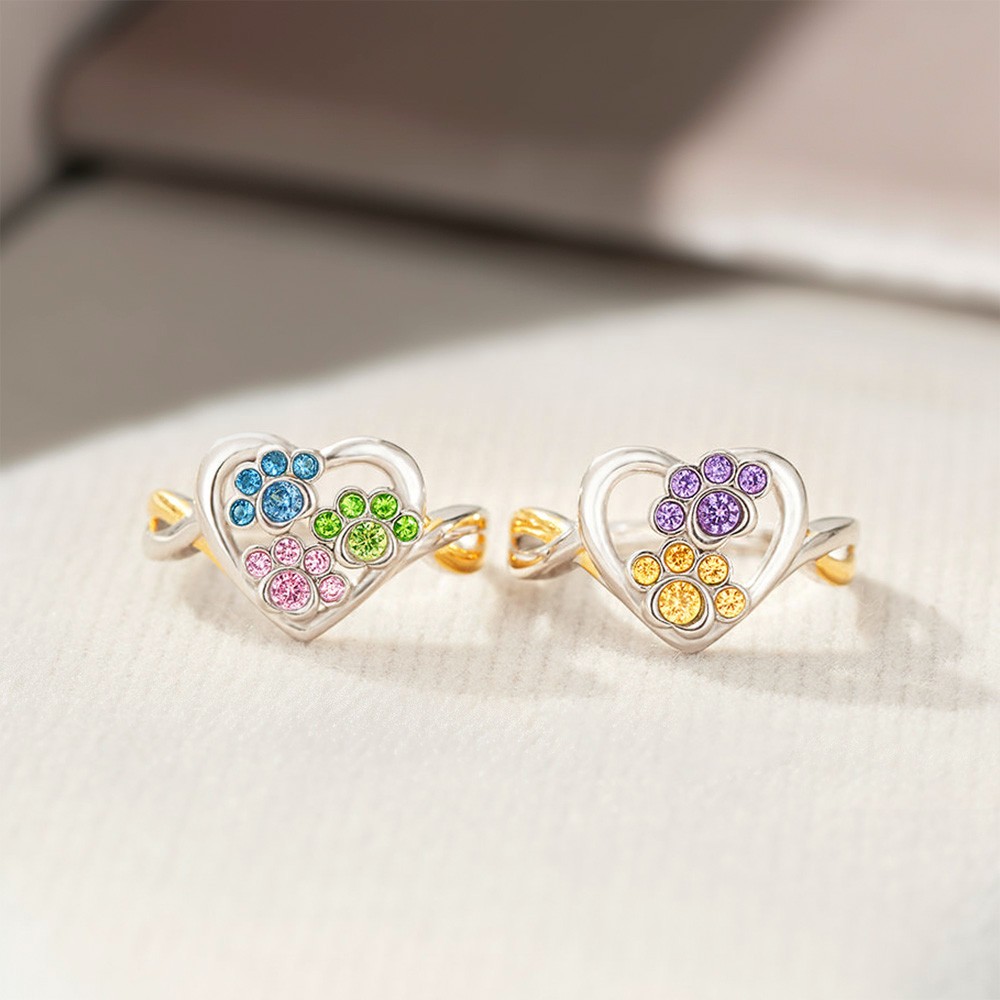 Custom 1-4 Paw Birthstone Pet Ring, Sterling Silver 925 Paw Print Pet ...