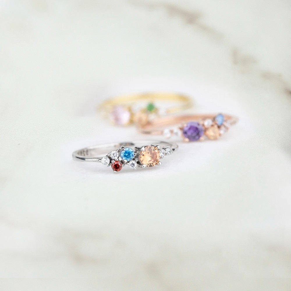 Dainty Handcrafted Multi-birthstone Ring, Sterling Silver 925/Brass Family 3 Birthstones Ring ...