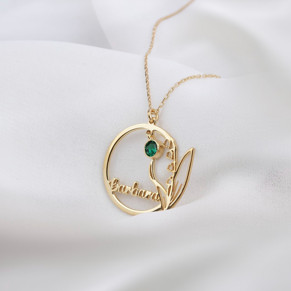 Personalized Birthstone & Birth Flower Necklace, Dainty Name Circle ...