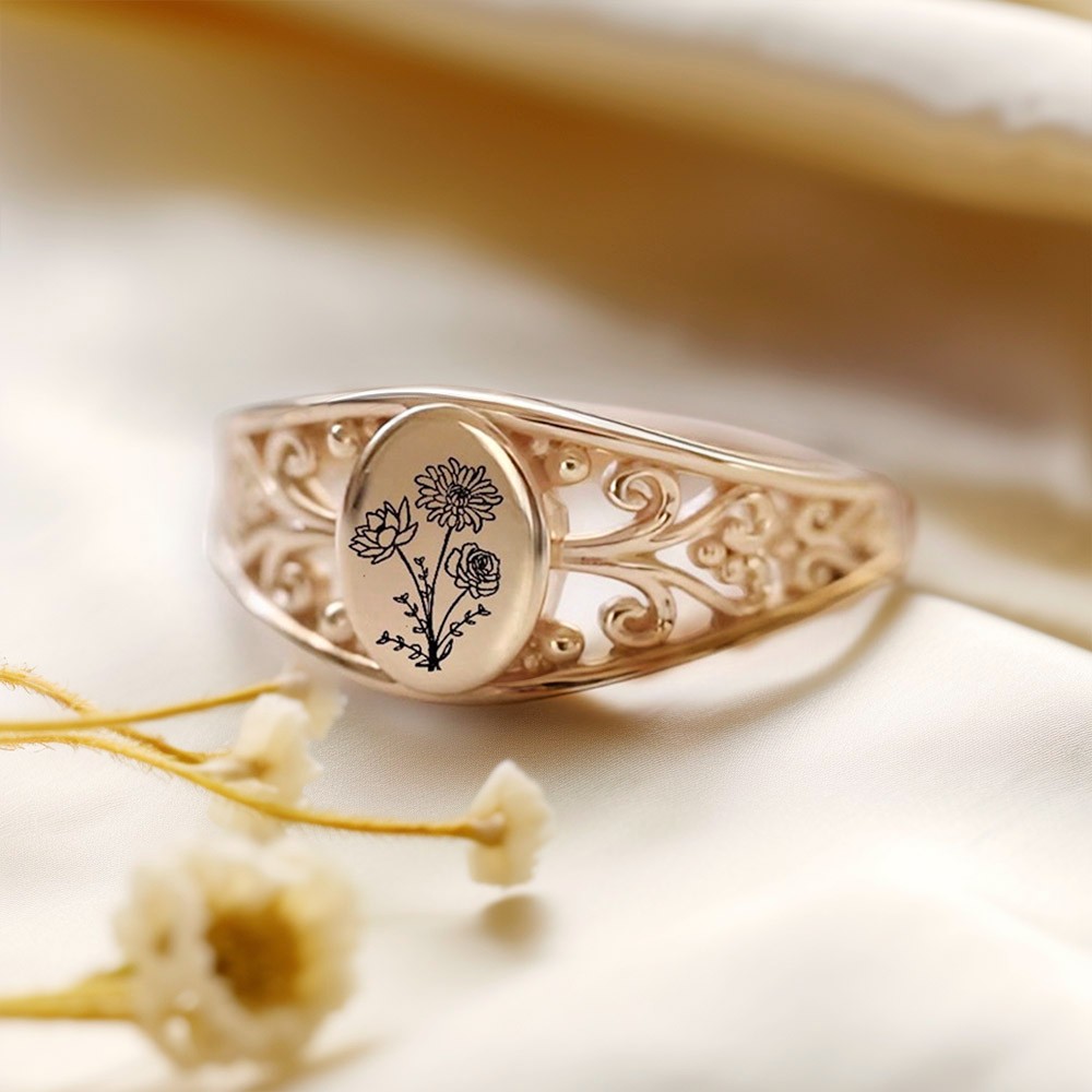 Personalized Birth Flowers Ring, Custom Birthflowers Family Ring ...