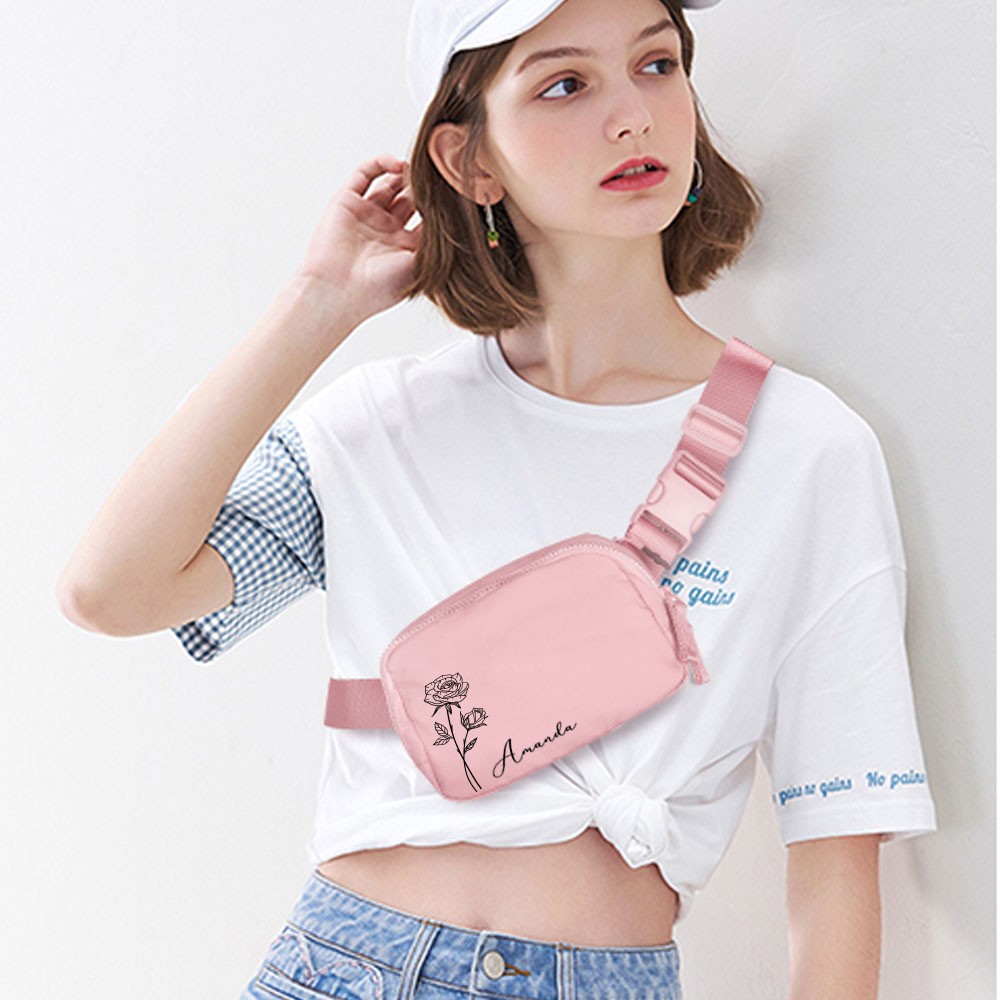 Personalized Birth Flower Waist Belt Bag with Name, Waist Pack with ...