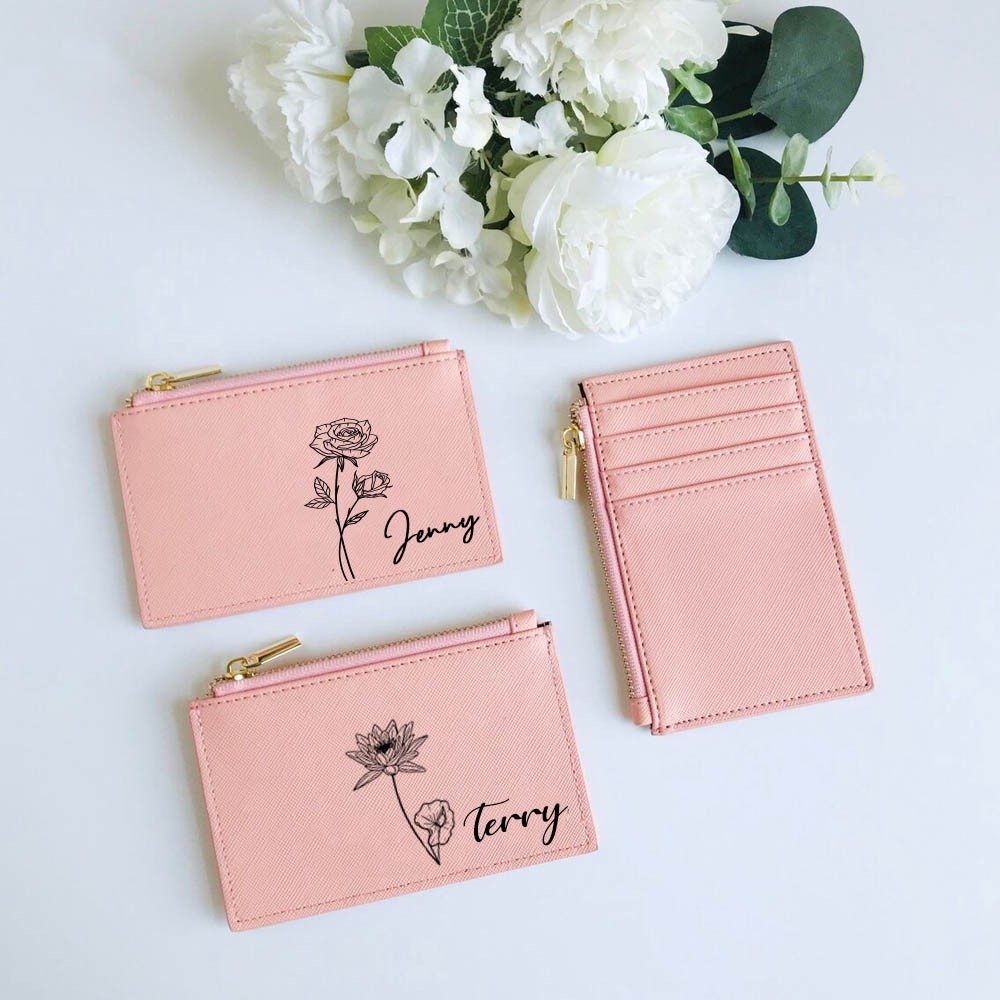 Tarjetero personalizado con cremallera y flor de nacimiento con nombre ...