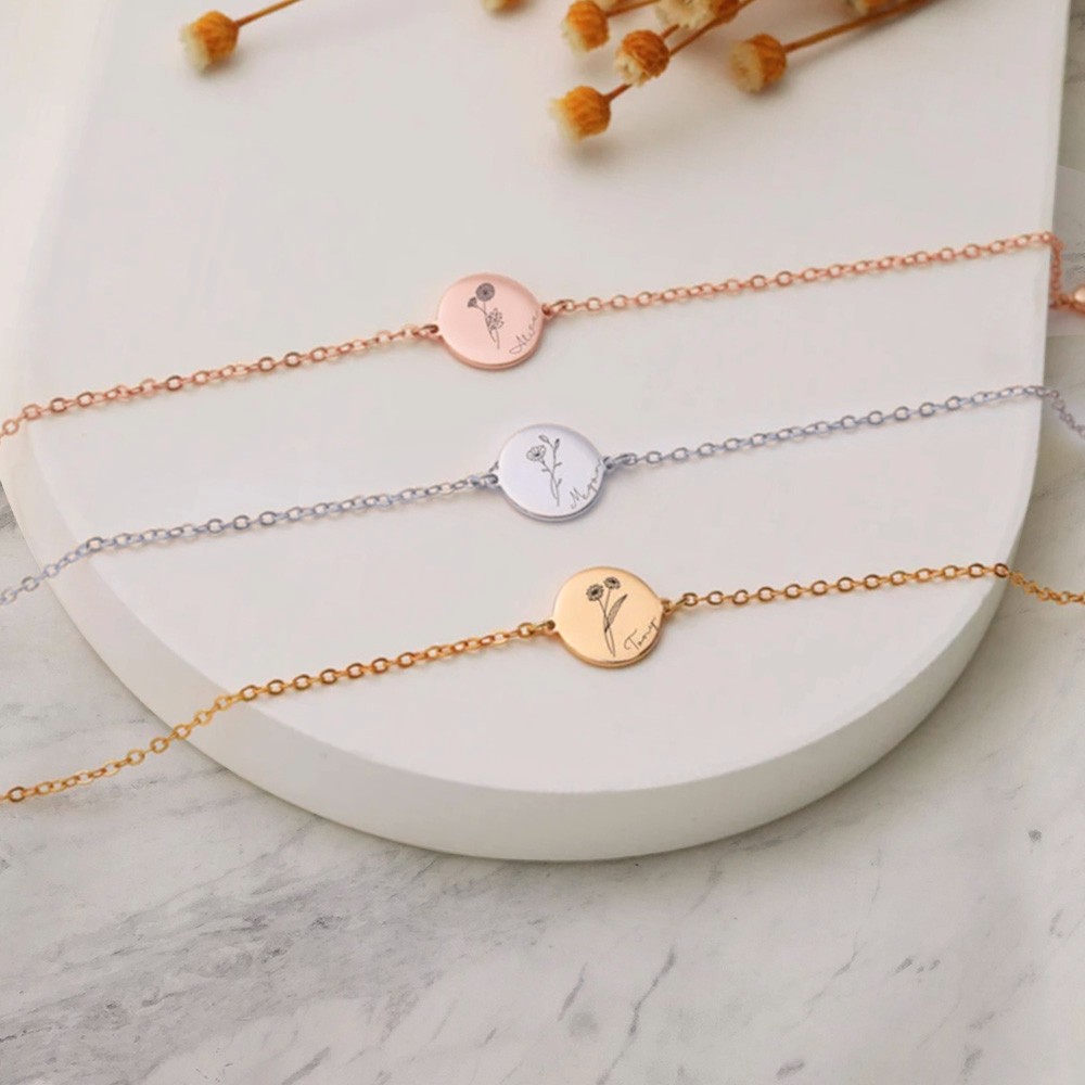 Custom Name & Birth Flower Bracelet, Sterling Silver 925/Brass Bracelet ...