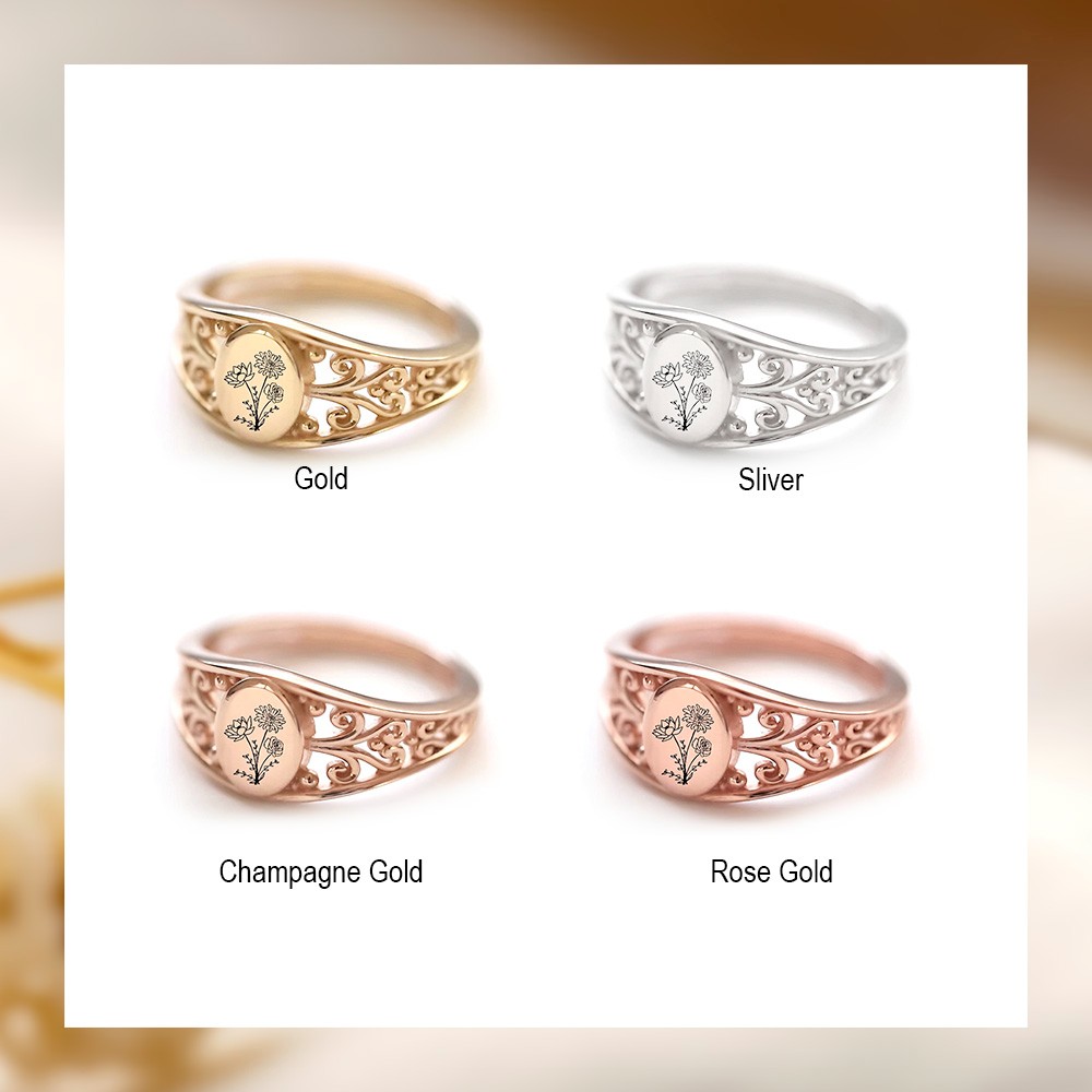 Personalized Birth Flowers Ring, Custom Birthflowers Family Ring, Sterling Silver 925 Bouquet ...