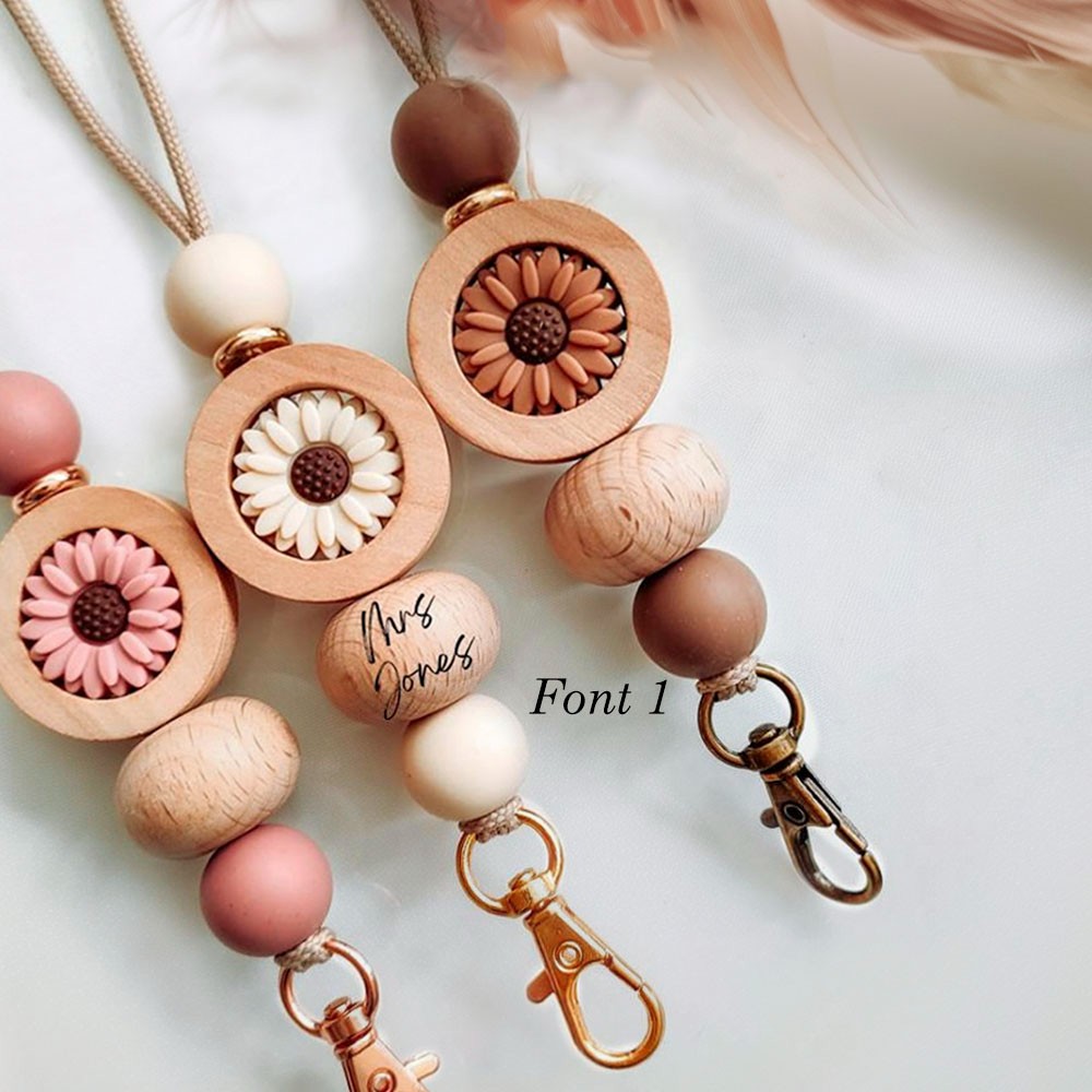 Custom Name Beaded Lanyard, Personalized Floral Shelf Wooden Boho ...