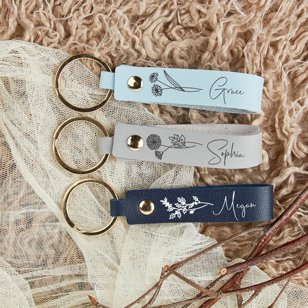 Personalized Name Keychain with Birth Flower, Faux Leather Keychain ...