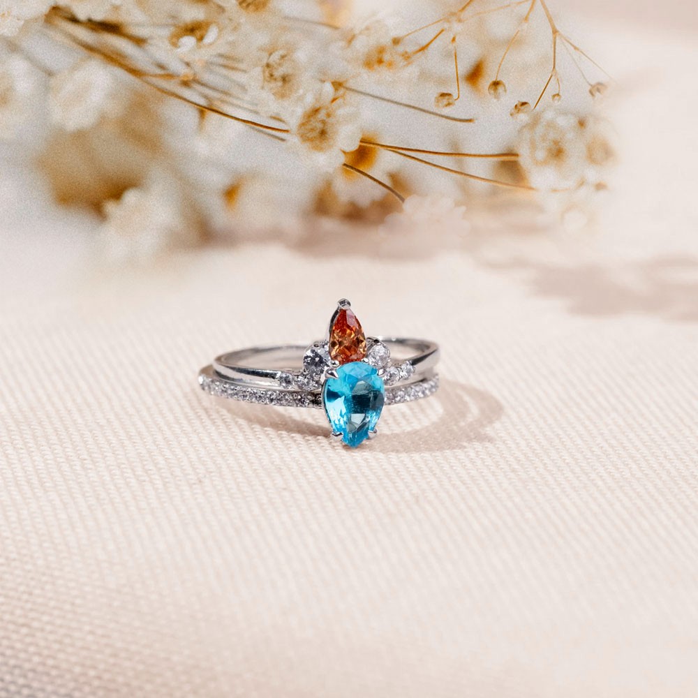 Customized Birthstone Set Ring, Two Rings a Set, Drop Stone Ring ...
