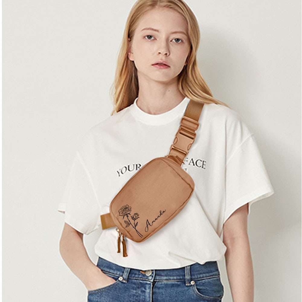 Personalized Birth Flower Waist Belt Bag with Name, Waist Pack with ...