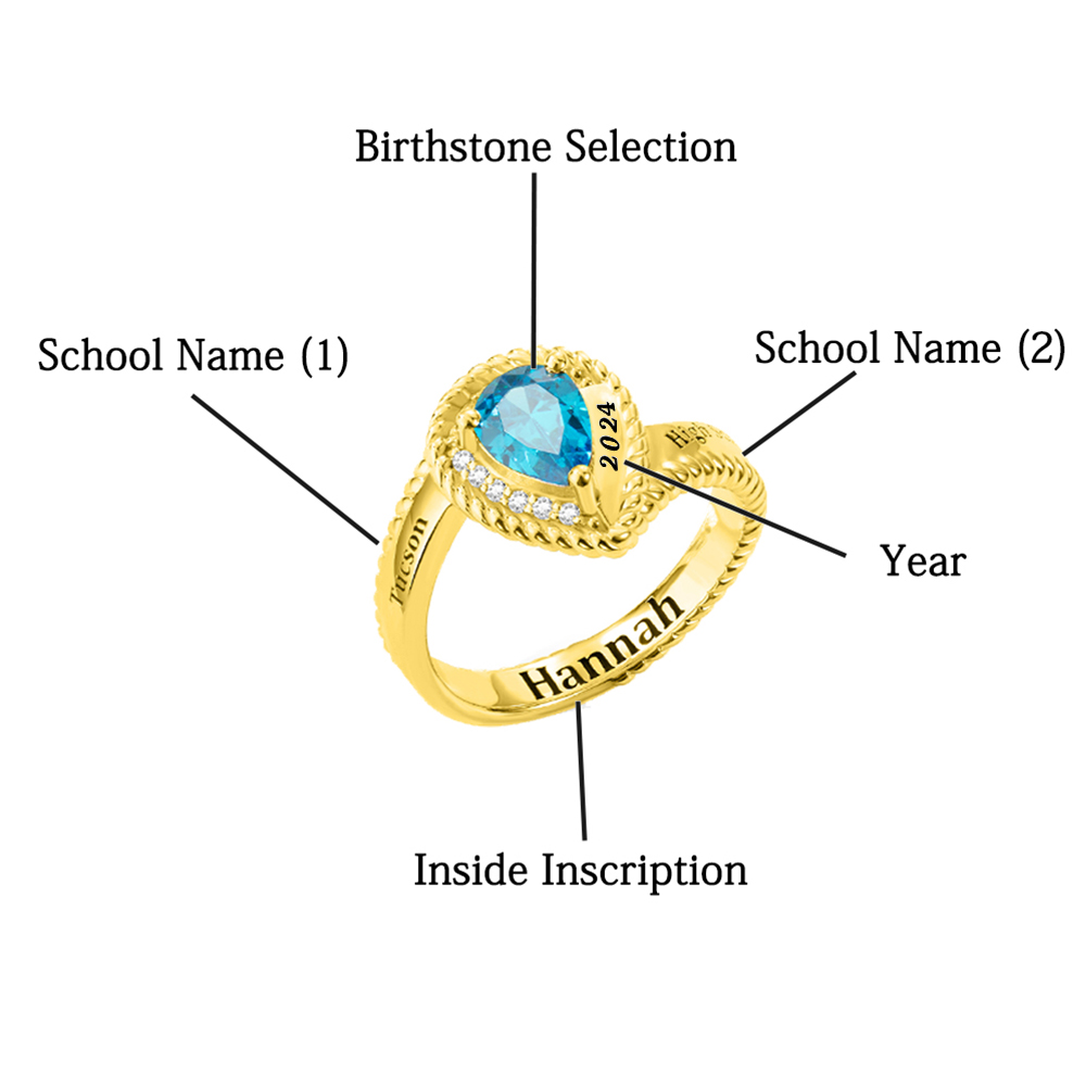 Custom Women Birthstone Class Ring With Engraved Text High School College And University