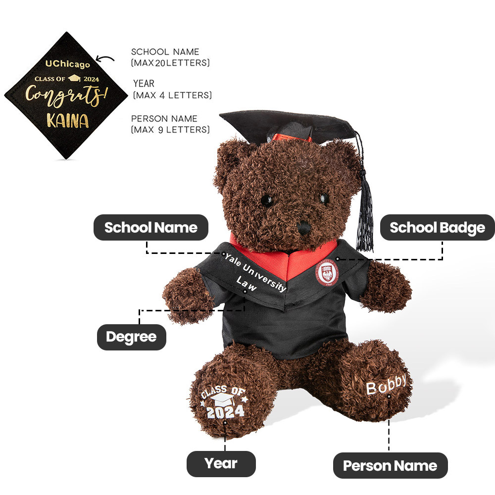 Custom Name Graduation Teddy Bear with School Badge, Plush Teddy Bear ...