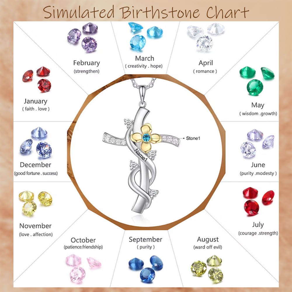 Personalisierte Namenskette mit floralem Kreuz und Geburtsstein, individuell gravierte Halskette ...