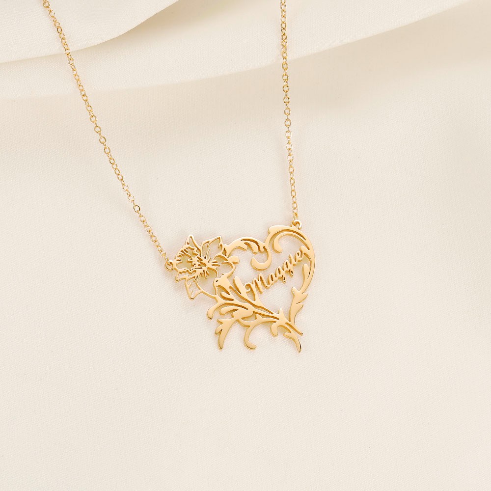 Custom Name Birth Flower Necklace with Heart, Sterling Silver 925 ...