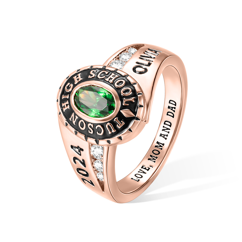 Custom Woman Birthstone School Class Ring with Engraved Text, High School University Graduation ...