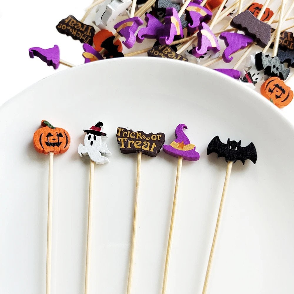 Halloween Food Picks with Ghost Bat Pumpkin Trick or Treat Wooden ...