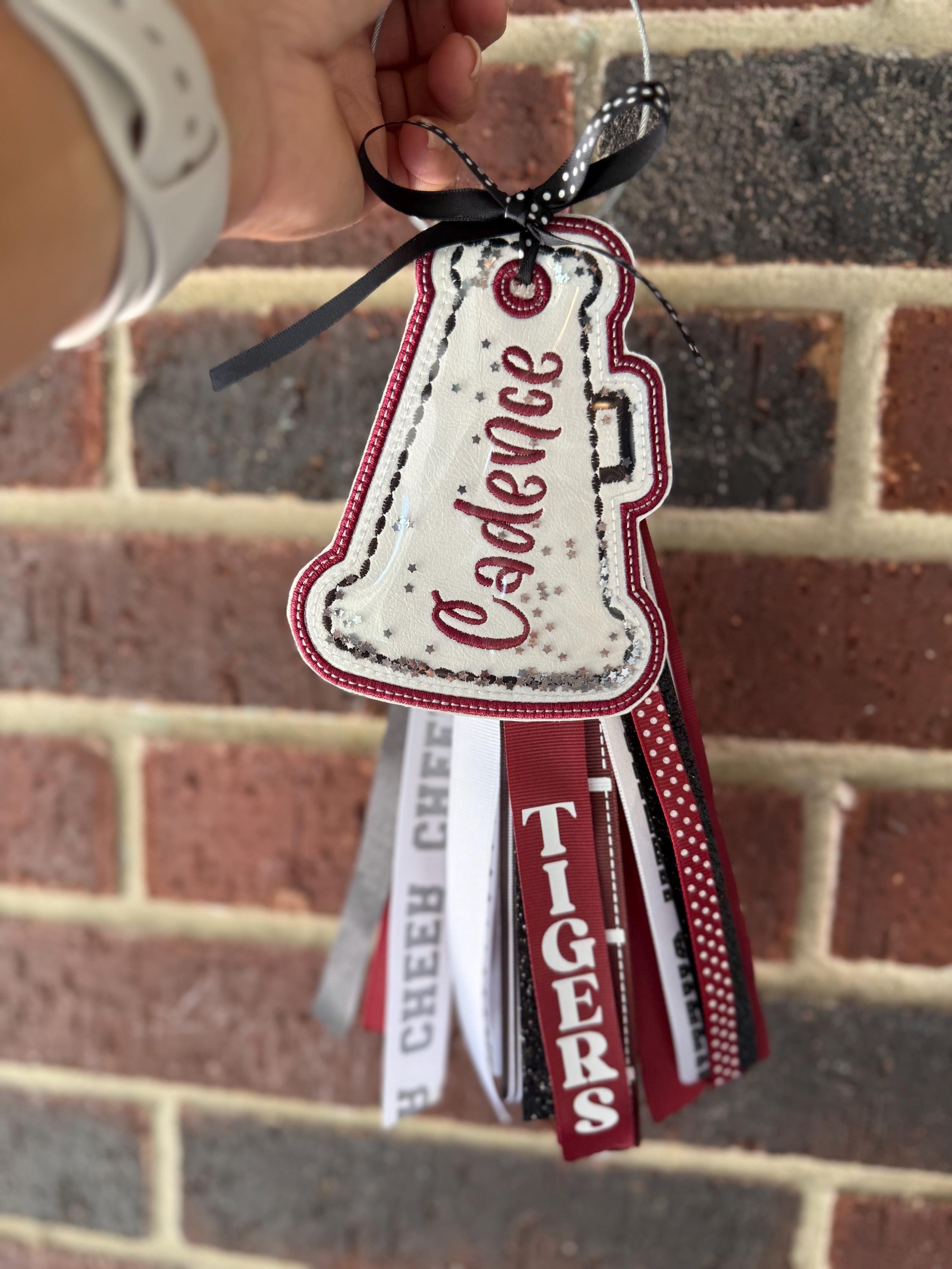 Personalized Cheer Bag Tag: Embroidered Name, Megaphone Charm