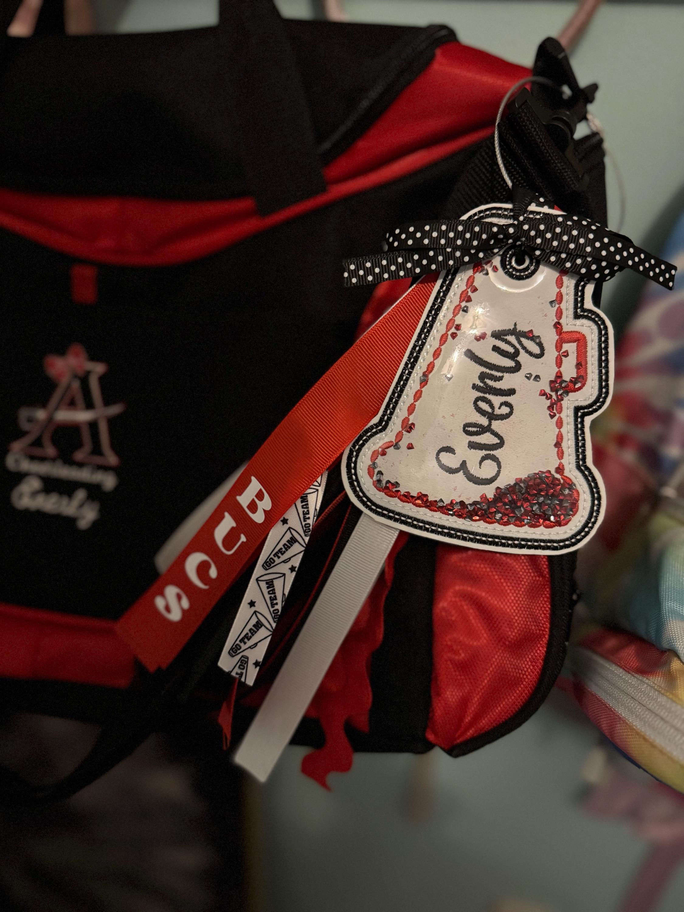 Personalized Cheer Bag Tag: Embroidered Name, Megaphone Charm